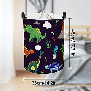 Clastyle 45L Waterproof Adorable Dinosaur Laundry Basket Black Collapsible Laundry Hamper with Handle Kids Toys Room Storage Basket with Drawstring, 14 * 17.7 in