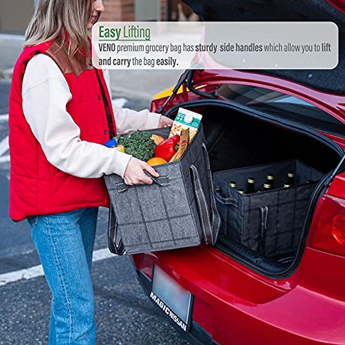 VENO 2 Pack Extra Large Reusable Grocery Bag, Premium Quality, Shopping Cart Bag, Storage Box, Heavy Duty, Hard Bottom, Collapsible, Utility Tote, Trunk Organizer (Black/Windowpane, XL set of 2)