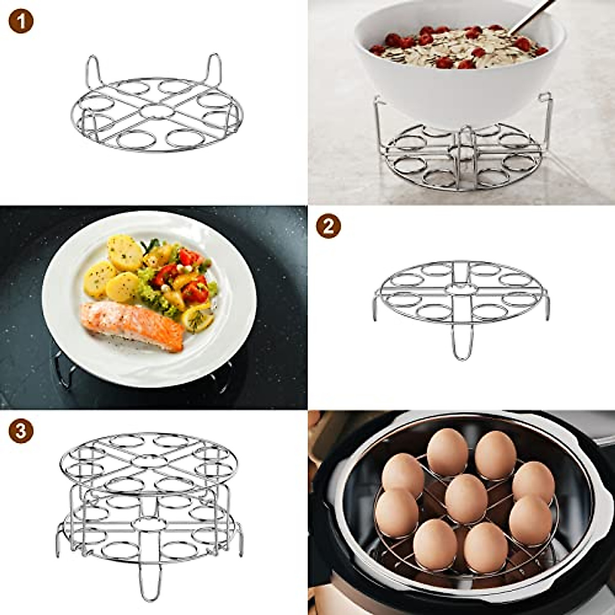 GSlife Egg Steamer Rack - Stainless Steel Trivet for 6, 8 Quart Pressure Cooker, Compatible for Instant Pot Accessories, Cooks 18 Eggs, Stackable Steaming Holders for Eggs, 2 Packs