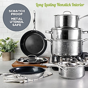Granitestone Stainless Steel Pots and Pans Set Nonstick, 10 Pc Ceramic Kitchen Cookware Set, Induction Capable, Long Lasting Nonstick, Hammered Design, Cool Handles, Dishwasher Safe, 100% Toxin Free