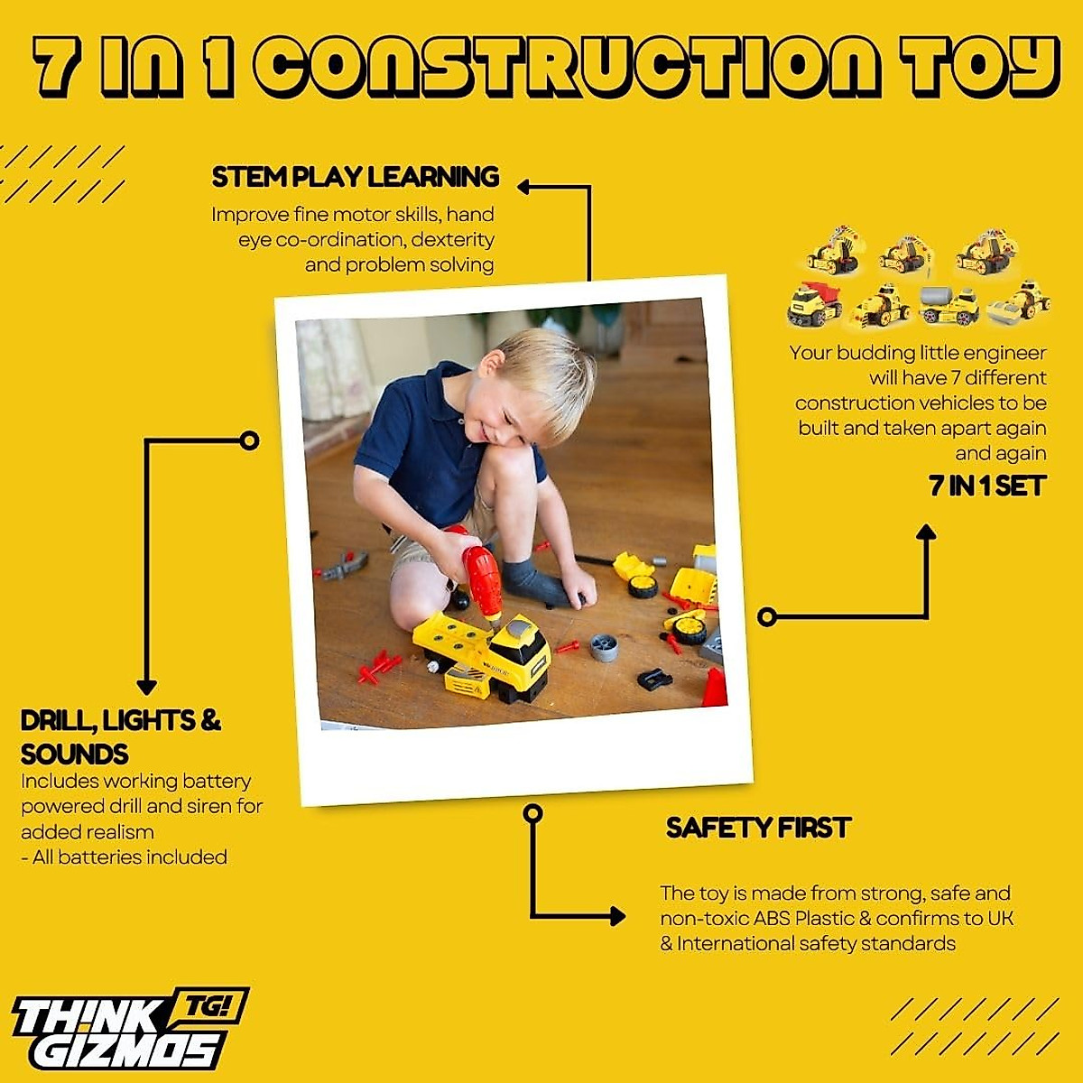 Think Gizmos 7 in 1 Take Apart Truck Car Toys with Electric Drill,Educational Toy Ideal Gift for Boys or Girls Age 3 4 5 6 7 STEM Construction Engineering Learning Toys Building Play Set for Kids