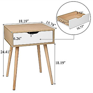 Bonnlo Wood&White Nightstands Set of 2 End Side Table with Spacious Drawer & Solid Wood Legs for Livingroom, Bedroom, Dorm