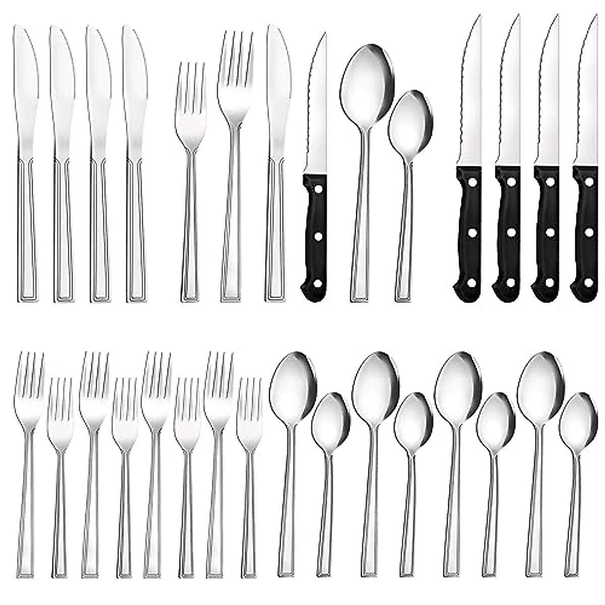 24-Piece Silverware Set with Steak Knives, Funnydin Forks and Spoons Silverware Set for 4, Food-Grade Stainless Steel Flatware Cutlery Set, Utensil Sets for Home Kitchen Restaurant, Dishwasher Safe