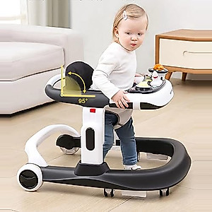 Marzviyia 4-in-1 Baby Walker with Wheels, Foldable Baby Push Walker with Adjustable Height & Speed, Standing Activity Center with Music & Lights,Silent Grey