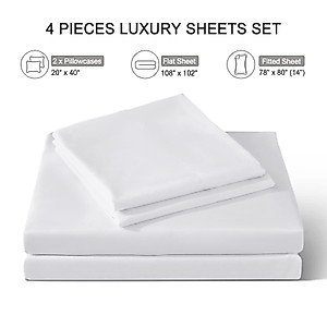 ILAVANDE Luxury 4 Piece White Microfiber King Sheets Set - Super Soft 1800 Series, 14" Deep Pockets, Wrinkle & Fade Resistant for King Size Beds