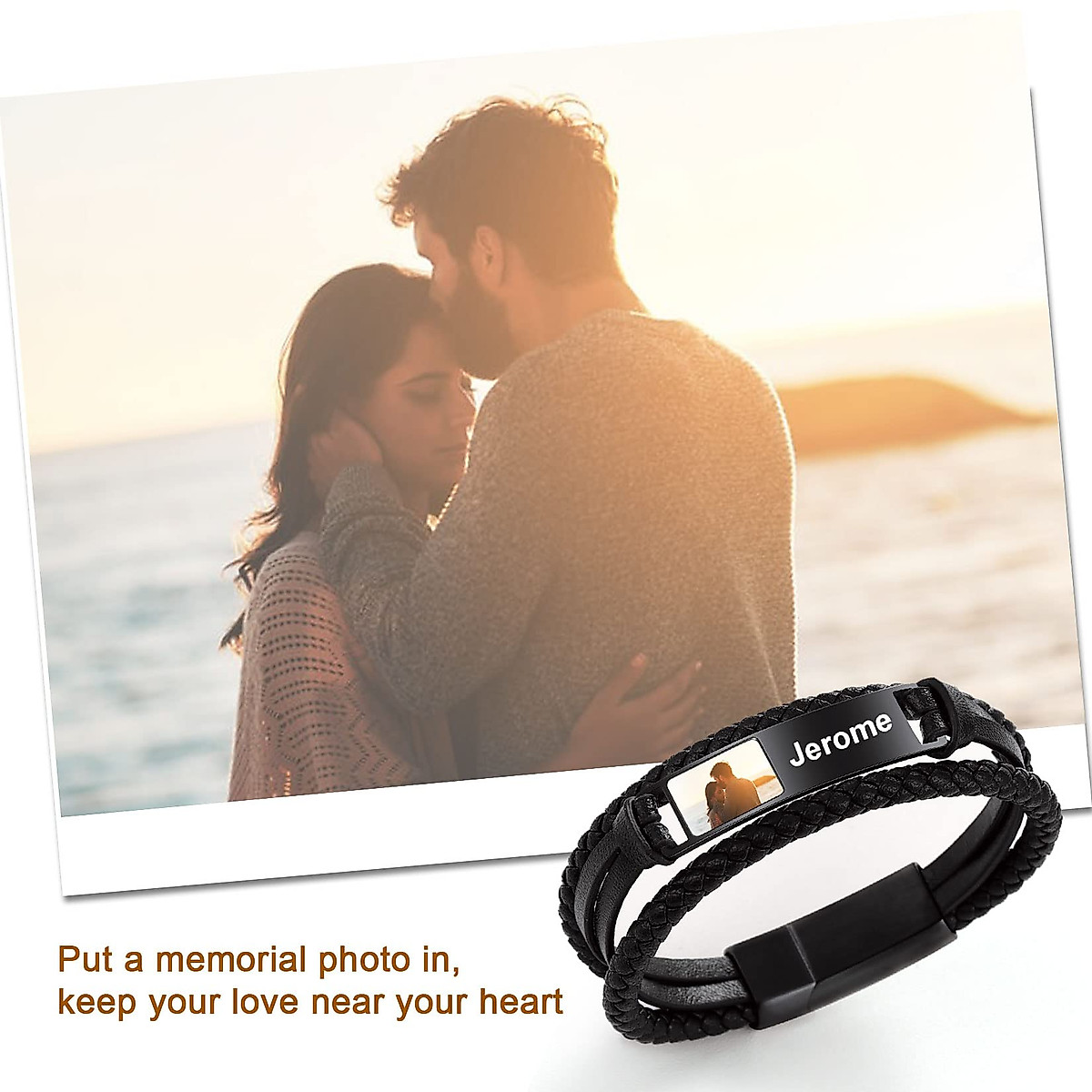U7 Fathers Gift Bracelet with Picture Side, Braided Black Leather Cuff Bracelet Personalized Photo Printing Custom Engraved Bar Layered Wrap Bracelets for Men Women