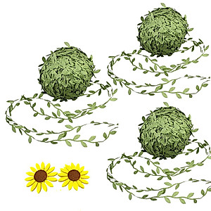 3 Rolls 22Yards Artificial Ivy Leaf Ribbon Fake Olive Green Vines Trim Jungle Garland with Sunflower Felt Applique for Rustic Wrapping Wedding Home Garden Decoration Craft Supplies