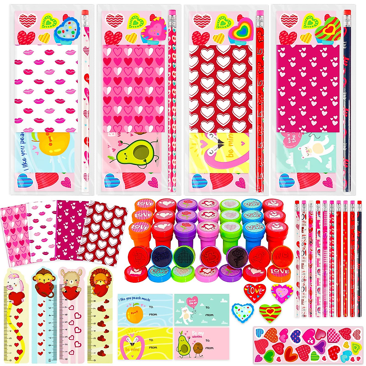 28 Pack Assorted Valentines Day Stationery Kids Gift Set, for Valentine Card Classroom Exchange Cards, Class Kid Pencil Eraser Notepad Sticker Bag, Pencils Bulk Pack Goodie Set, Toys Treats