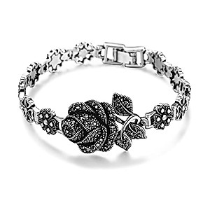Mytys Bracelets for Women, Vintage Black Onxy Chain Link Silver Rose Flower Design Marcasite Bangle Bracelets Jewelry Gift