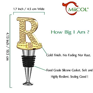 Miicol Initial Letter Wine Stopper, Monogram Hammered Metal, Perfect Wine Gift, Elegance Meets Utility, Wide Used in Kitchen Decor, Bar, Wedding Party, Gold Finish, Letter (A to Z) R