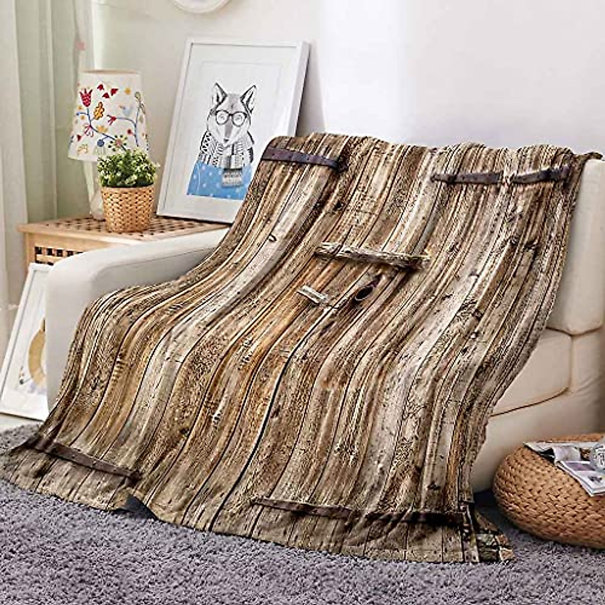 DALEM Soft Fleece Throw Blanket - Fluffy Microfiber Solid Blankets for Bed and Couch Double/Single Size - 59X79Inch Wooden Door Printed Flannel Blanket for Bed, Couch and Sofa