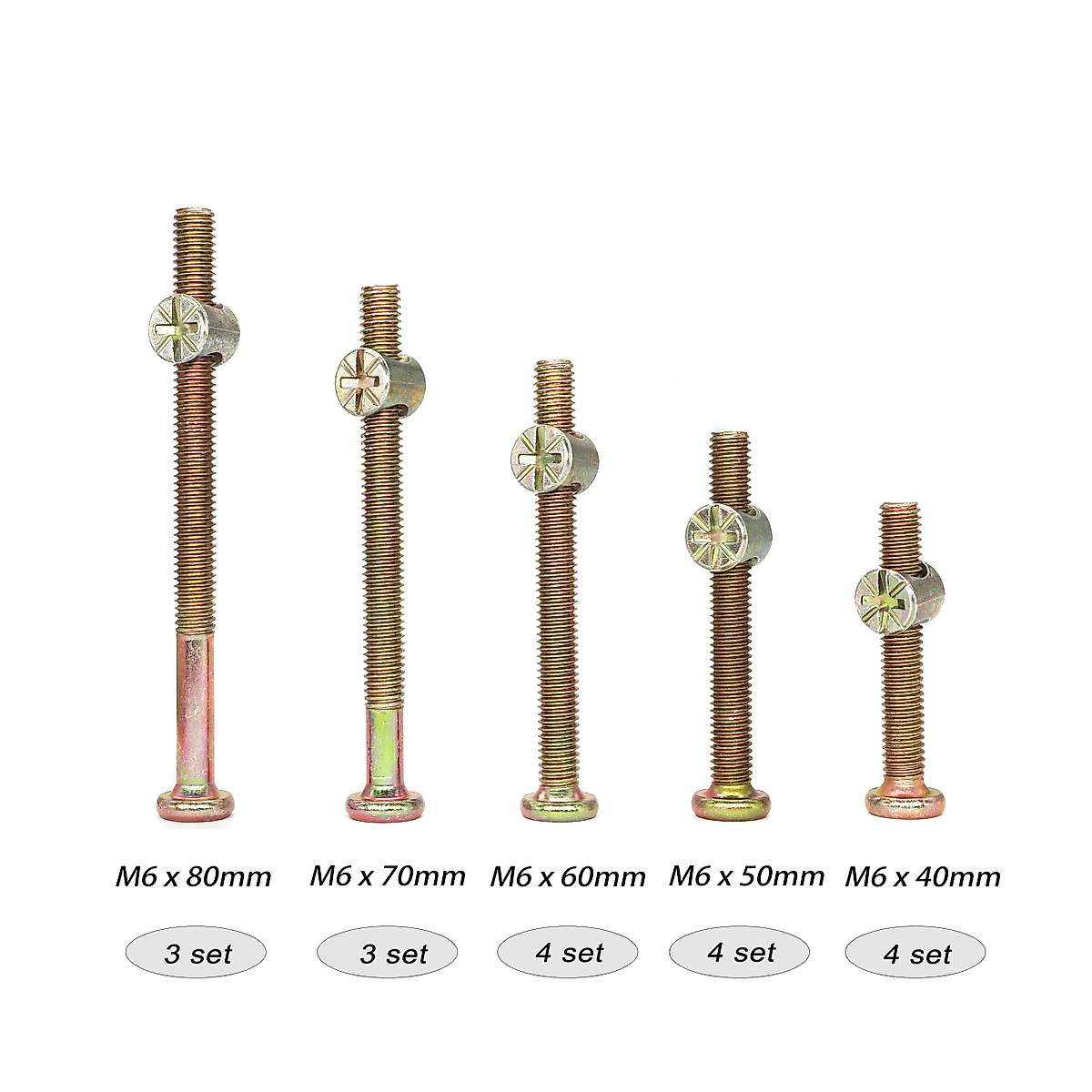 cSeao Crib Screws Hardware Replacement Kit, 18-Set M6x40mm/ 50mm/ 60mm/ 70mm/ 80mm Hex Drive Socket Cap Screws Barrel Nuts Assortment Kit for Beds Headboards Chairs Furniture