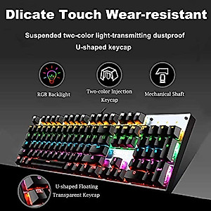 Wired Mechanical Gaming Keyboard Blue Switch 104 Keys RGB Rainbow LED 9 Backlight Modes Full Anti-ghosting Metal Panel Waterproof Ergonomic Key Layout USB for Gamers Typists(Black)