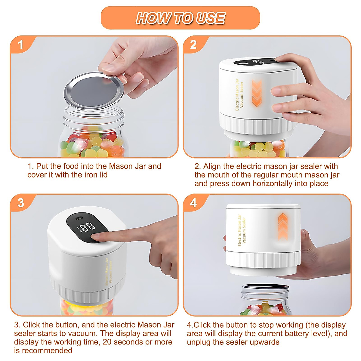 Mason jar Vacuum Sealer, Electric Mason Jar Vacuum Sealer Kit for Wide Mouth & Regular Mouth Mason Jars,for Food Storage and Fermentation (White)