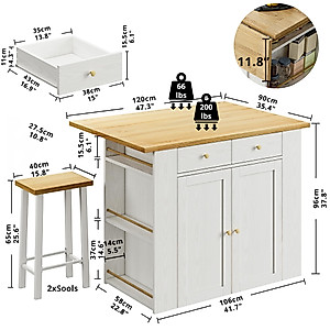 IRONCK Kitchen Island with Storage, with 2 Stools, Ample Storage Space with Power Strip, Large Countertop with Drop-Leaf Design, 2-Door Cabinet and 5 Open Side Racks/2 Utility Drawers, White