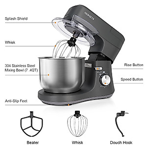 NEWSETS 7.4 QT Stand Mixer, Household Stand Mixer 600W Electric Mixers with Stainless Bowl Hook Whisk Beater and Splash Guard, Fast 6-Speed Tilt-Head Food Mixers for Baking, Cakes, Pastry Easily