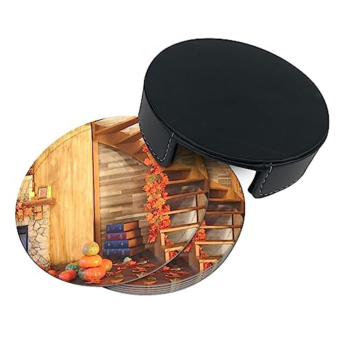 Halloween Pumpkin Sunflower Printed Coasters Set of 6 Pu Leather Round Coasters with Holder Heat Resistant Drink Coasters Coffee Cup Mat for Kitchen Office Bar