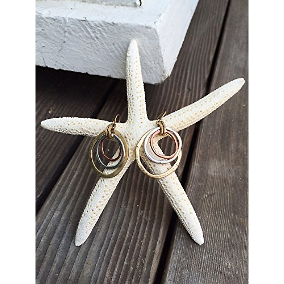 Handmade Sunrise Tricolor Dangle Earrings - Burnished Circles, Copper, Brass and Silverplated