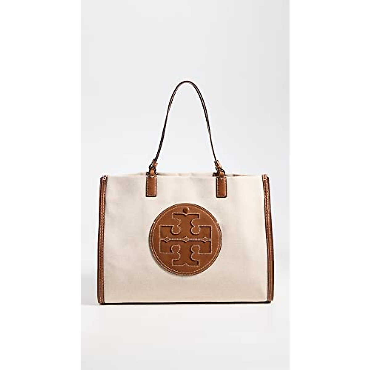 Tory Burch Women's Ella Canvas Tote, Natural/Classi Cuoio, Off White, Brown, One Size