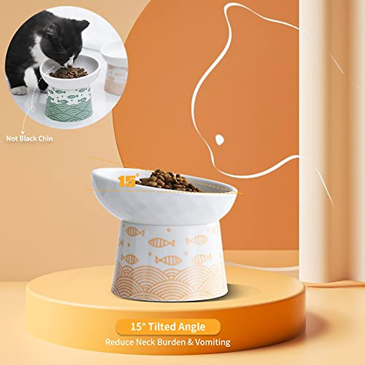 Ceramic Raised Cat Bowls, Elevated Tilted Cat Food and Water Bowl Set, Porcelain Stress Free Pet Feeder Dish for Cats and Small Dogs, Dishwasher and Microwave Safe, Set of 2