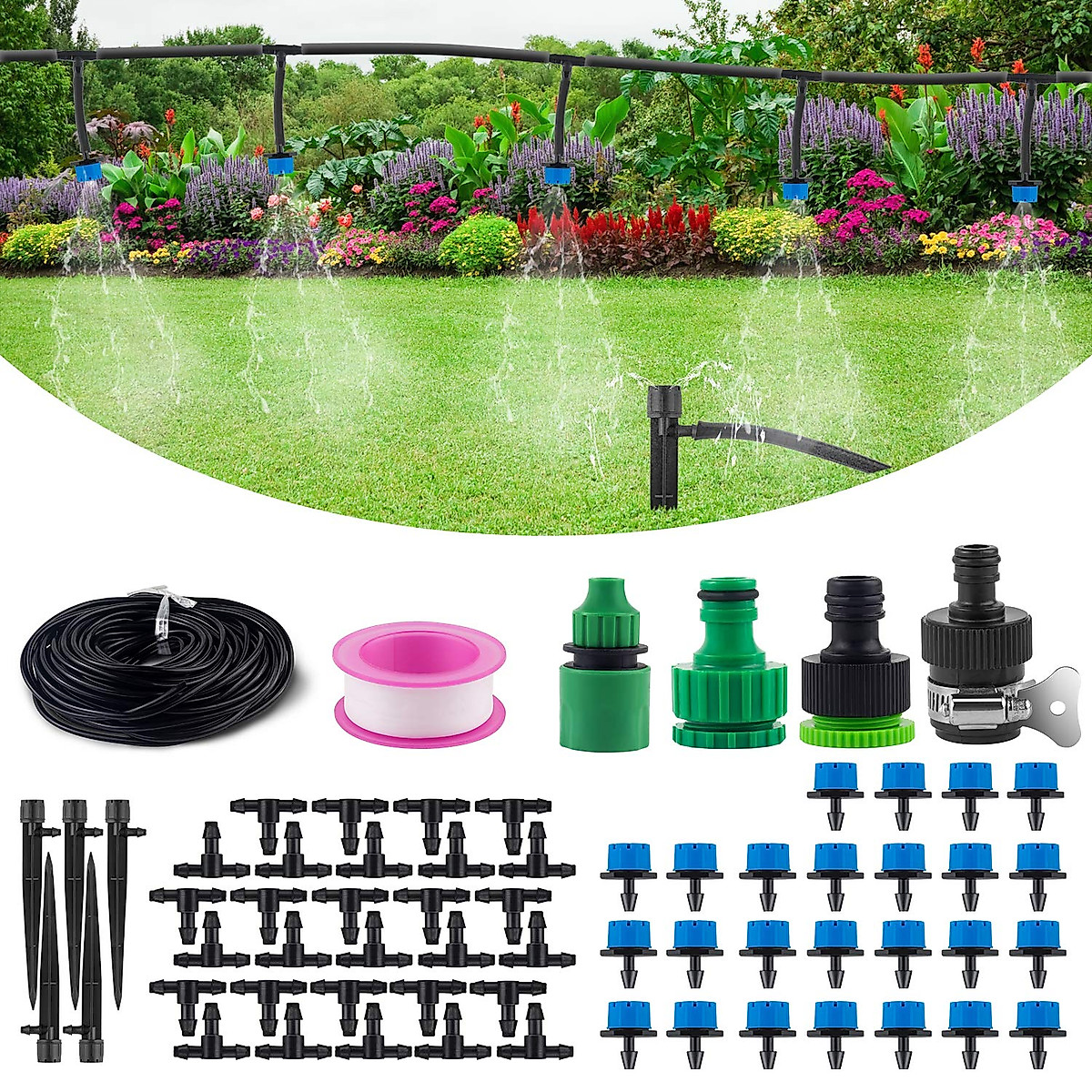 82ft/25m Drip Irrigation Kits, Garden Irrigation Accessories, Automatic Plant Watering System with 1/4” Blank Distribution Tubing Hose, Set for Garden Greenhouse Patio Lawn Flower Bed(Blue)
