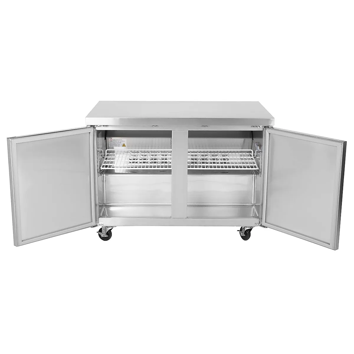 Commercial Grade Under Counter Freezer | Stainless Steel | 2 Doors | Heavy Duty Casters | Digital Temperature Controller | Automatic Defrost | 47.25” x 29.5” x 34” | R-290 Natural Refrigerant