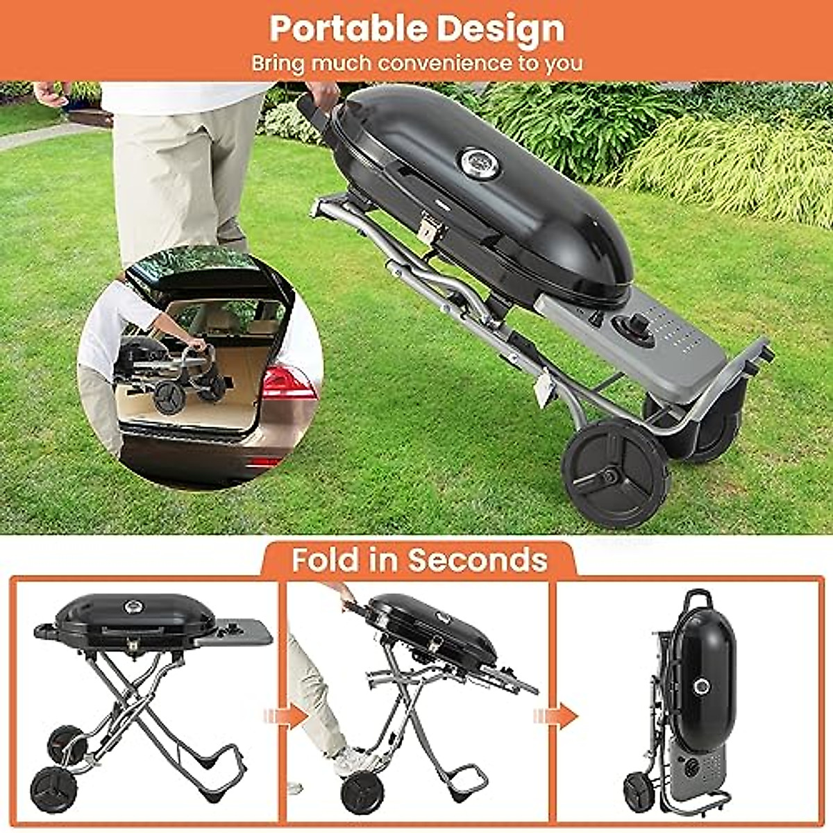 Giantex Gas Grill, Portable Propane Grill with 15,000 BTUs Burner, Side Table, 2 Wheels, Grease Tray, Metal Frame, Folding Stand-Up Propane Gas Grill for Outdoor Cooking Camping Barbecue (Black)