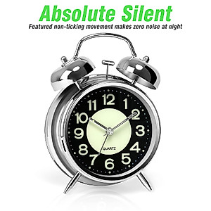 AYRELY® Super Loud Alarm Clock for Heavy Sleepers Adults,Twin Bell Retro 4 Inch Silent Non-Ticking Quartz with Backlight, Luminous dial, Alarm Clocks for Bedrooms Bedside (Silver)