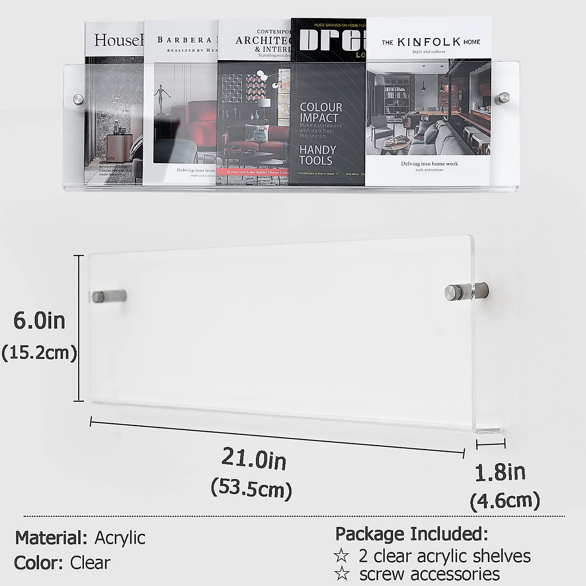 XOHYW 2 Pack Clear Acrylic Magazine Holder, Wall Mount Bookshelf Magazine Rack, Literature Brochure File Display Shelf for Waiting Room, Living Room, Office, Home, Organization