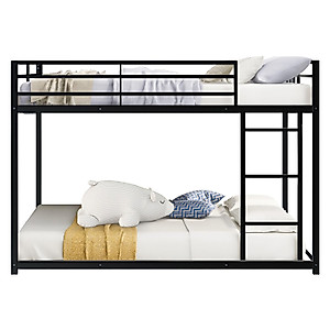 INCLAKE Full Over Full Bunk Bed, Heavy Duty Metal Bunk Bed Frame with Built-in Ladder and Safety Guard Rail, Low Bunk Bed for Teens Adults, Noisy Free & No Box Spring Needed, Black
