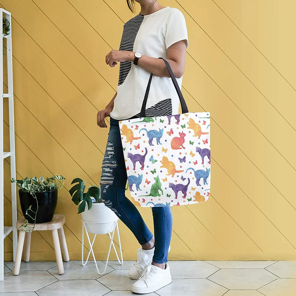 ALAZA Large Canvas Tote Bag Rainbow Cute Cat Butterflies Polka Dot Shopping Shoulder Handbag with Small Zippered Pocket