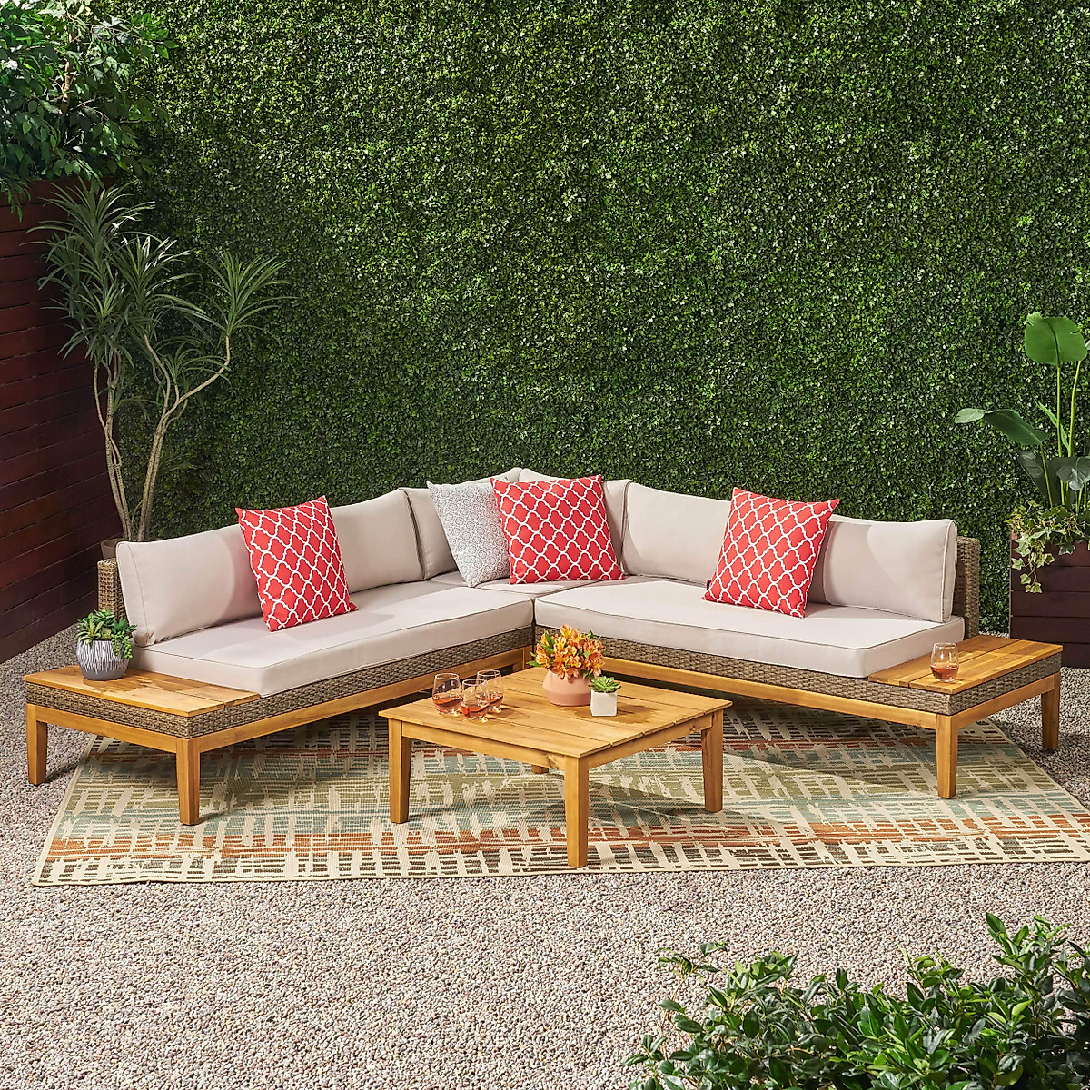GDFStudio Outdoor Acacia Wood and Wicker 5 Seater Sectional Sofa Set with Water-Resistant Cushions, Teak and Light Khaki