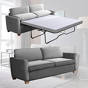 Mjkone 77" W Pull Out Sofa Bed, 2-in-1 Queen Size Loveseat Sleeper Sofa Bed with Mattress, Convertible Velvet Futon Folding Sleeper Couch Bed for Living Room, Apartment (Light Grey, Queen)