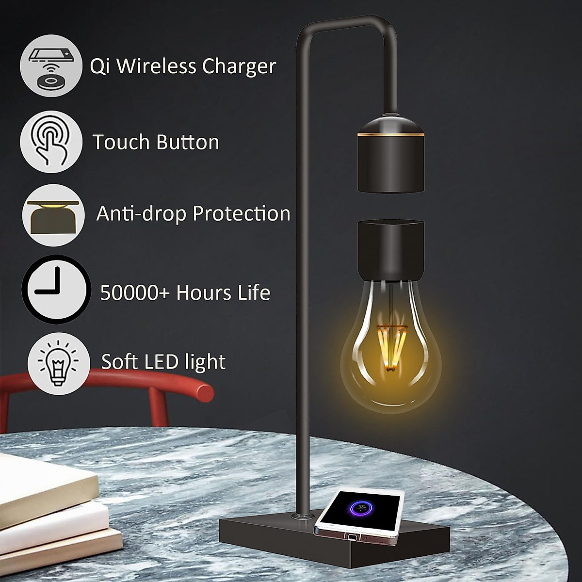 Floatidea Magnetic Levitating Light Bulb with Luxury Wireless Charging Pad (Apple/Android) Levitation Plastic Black Floating Table Lamp White LED Night Light for Bedrooms Desk Toys Office Gifts