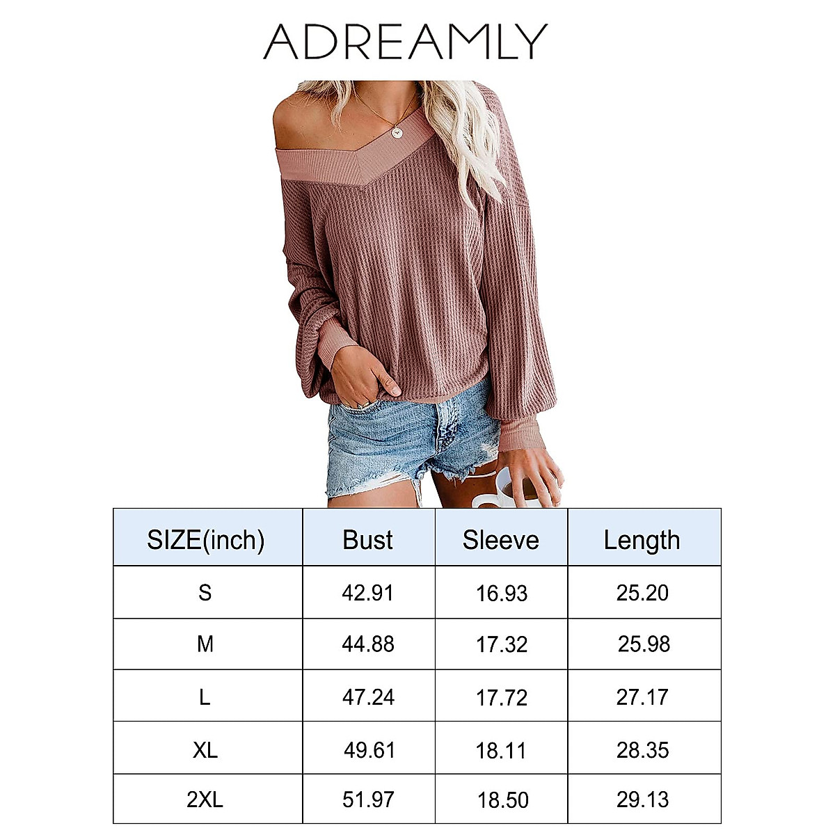 Women's Casual V Neck Long Sleeve Waffle Knit Off Shoulder Top Oversized Pullover Sweater Black Large