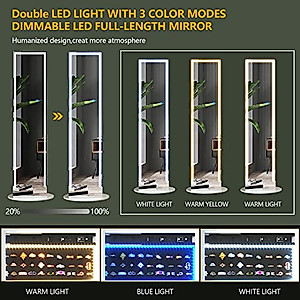 LVSOMT 360°Swivel Full-Length Mirror Jewelry Cabinet Armoire, Touch Screen Full Body Mirror with Jewelry Storage, Large Floor Jewelry Organizer for Bedroom, w/Coat Rack, Shelves(White)