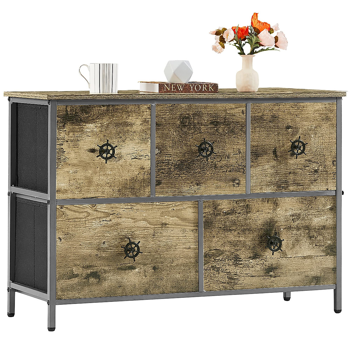 VECELO Dresser for Bedroom with 5 Drawers, Wide Chest of Drawers for Living Room, Nursery, Entryway, Fabric Furniture Clothes Storage Tower with Steel, Wood Top