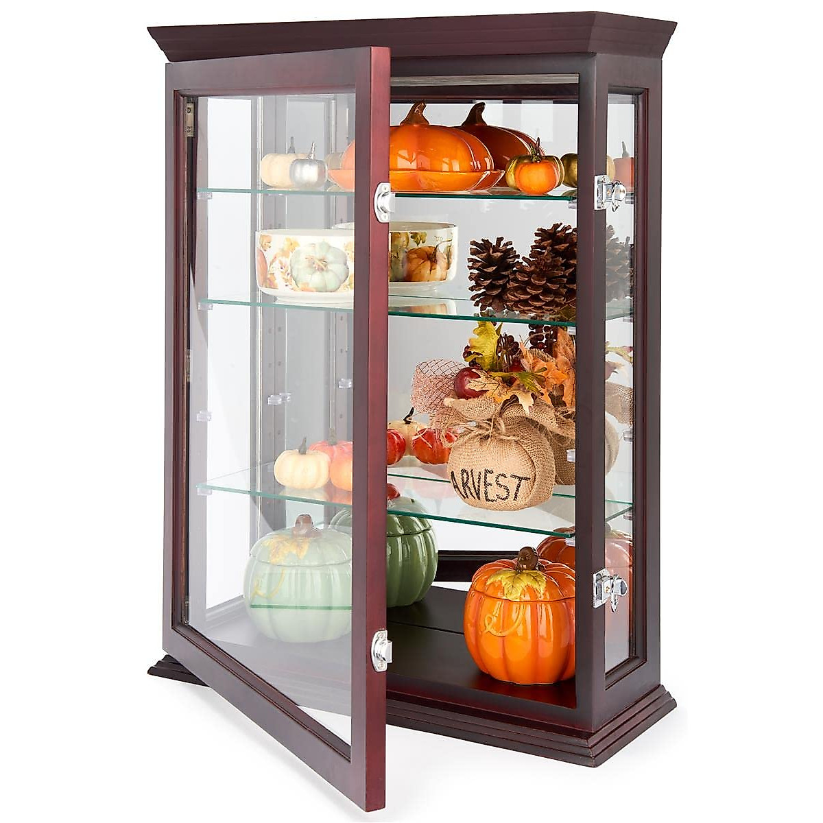 Displays2go 21" Countertop/Wall Mount Display Case, Adjustable Shelves, Locking - Mahogany (DCC2128MH2)