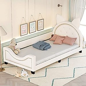 MWrouqfur Wooden Twin Size Upholstered Bed Frame with Carton Ears Shaped Headboard, Twin PU Leather Platform Bed for Girls Boys, Low Profile Single Bed - No Box Spring Needed