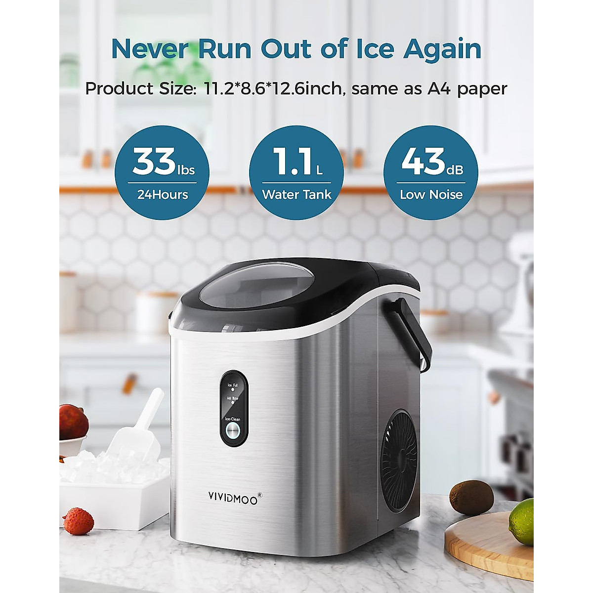 Nugget Ice Maker Countertop, 33 lbs in 24 Hours, Self-Cleaning Sonic Portable, Soft Chewable Pebble Ice in 5 Mins Home/Kitchen/Office,Like-New