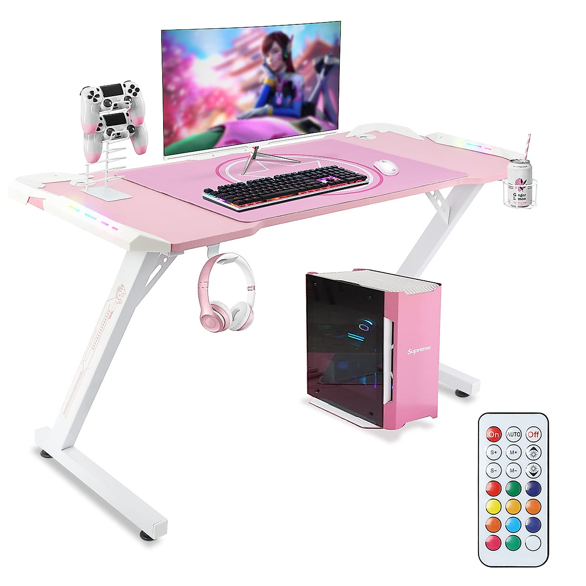 YOUTHUP Gaming Desk with LED Lights, 55 Inch Z Shaped Game Desk for PC Gamer, Ergonomic Racing Style Computer Table Workstation with Remote Control, Headphone Hook, Cup Holder, Handle Rack, Pink