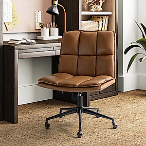HULALA HOME Modern Faux Leather Home Office Chair with Tilt Lock & Metal Base, Armless Criss Cross Legged Desk Chair with Wheels & Padded Cushion, 360° Swivel Wide Seat Computer Task Chair, Camel