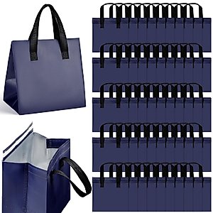 FoldTier 50 Pcs Insulated Take Away Bags Bulk Thermal Insulation Food Bag for Coffee Milk Tea Hot Cold Food Fresh Seafood Cooler Bag Pizza Delivery Bags for Catering Restaurant Grocery (Navy Blue)