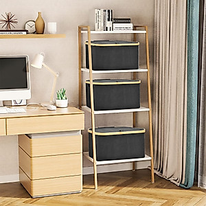 Fabric Storage Basket for Shelves, Black Storage Basket with Bamboo Handles, Collapsible Storage Bins, Rectangle Closet Baskets, Wardrobe Organiser, for Sorting Clothes, Family Items (with lid)