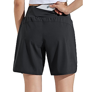 Libin Women's 7" Athletic Running Long Shorts with Liner High Waist Quick Dry Gym Workout Sports Shorts with Zipper Pockets, Black L