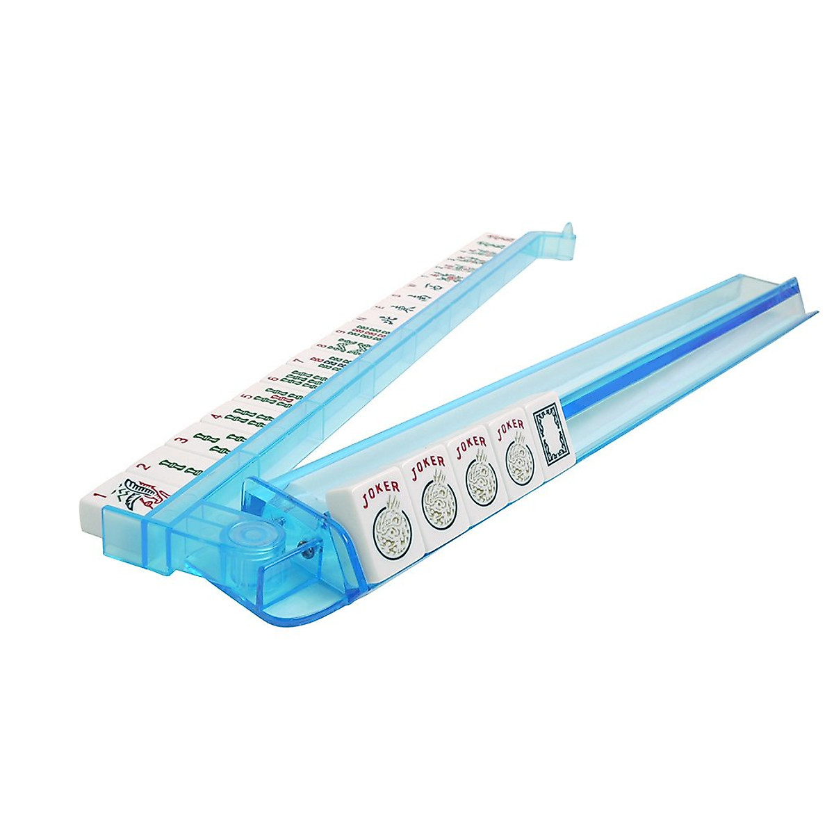 American Mah Jongg Set - 166 Premium White Tiles, 4 All-in-One Rack/Pushers, Blue Canvas Bag