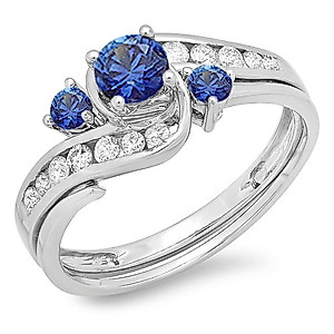 Dazzlingrock Collection Blue Sapphire & White Diamond Swirl Wedding Ring Set in 10K White Gold, Size 8.5