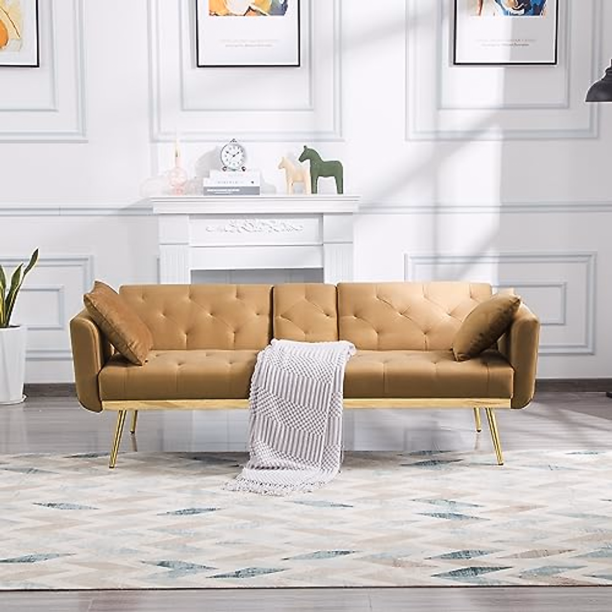 FREESNOOZE 72.4'' Convertible Velvet Sleeper Sofa Bed Loveseat Futon Couch w/2 Cupholders, Metal Legs, 2 Pillows for Home, Office, Guest Room, Apartment-Brown