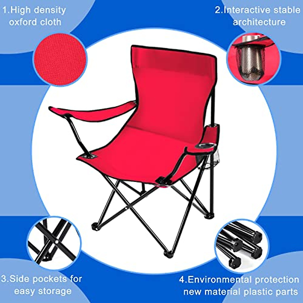 4 Pack Folding Camping Chairs with Carrying Bag Portable Lawn Chairs Lightweight Beach Chairs Outdoor Collapsible Chair with Mesh Cup Holder for Travel Outside Camp Beach Fishing Sports (Red)