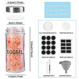 Akoatail 24 Round Spice Jars, 4 oz Square Spice Jars with Airtight Stainless Steel Caps and Shaker lids,Round Seasoning Containers and Spices Container Set.…